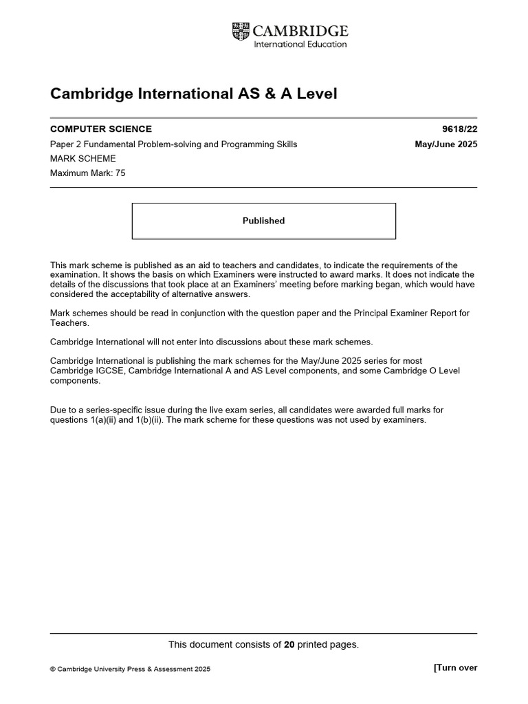 Computer Science 9618 - s25 - Ms - 22 | PDF | Control Flow | Computing
