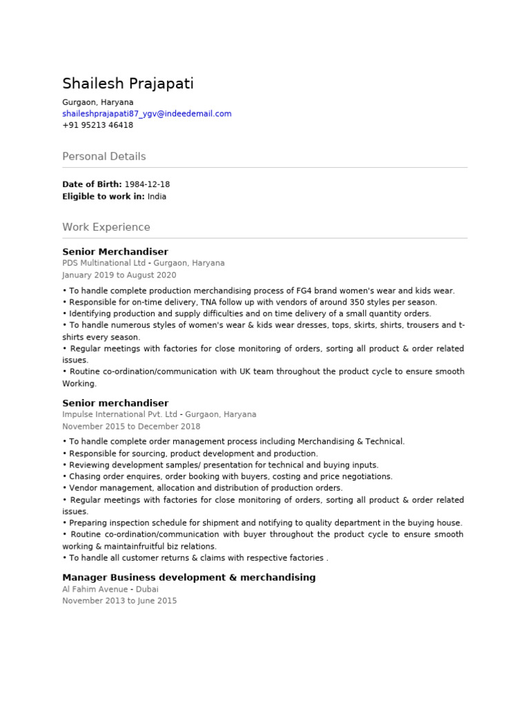 Senior Merchandiser Resume - Shailesh Prajapati | PDF | Textiles | Dyeing