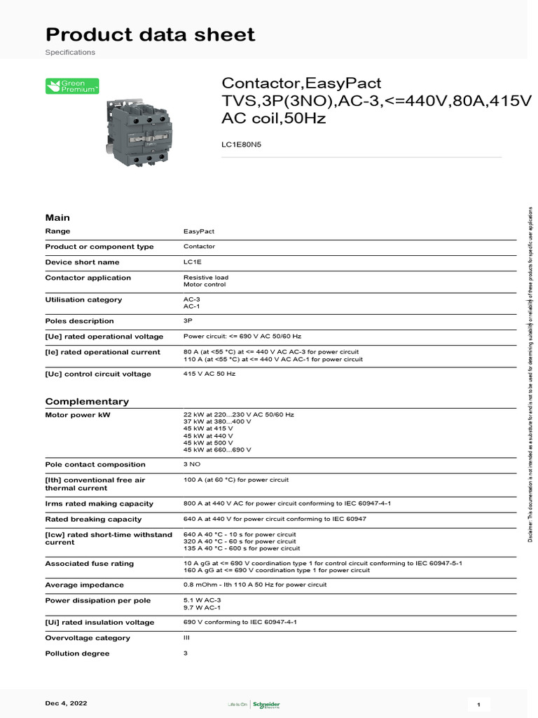 EasyPact TVS Contactors - LC1E80N5 | PDF | Pollution