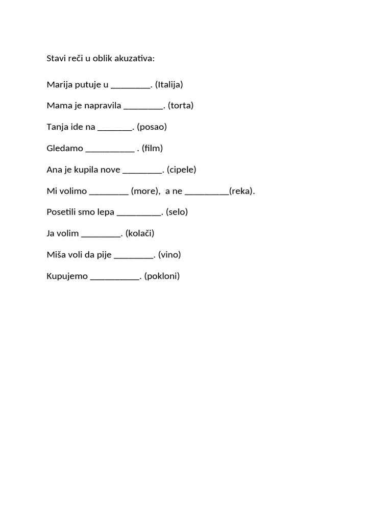 Akuzativ Vezbanje - 2 | PDF