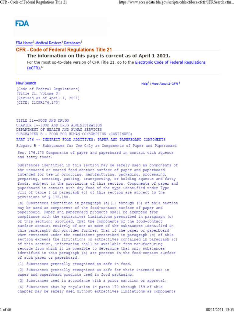 CFR - Title 21 (CFR 21 176.170 Indirect Food Additives - Paper and ...