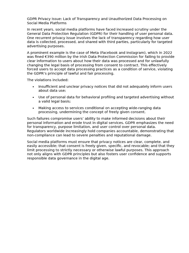 GDPR: Transparency Issues in Social Media | PDF