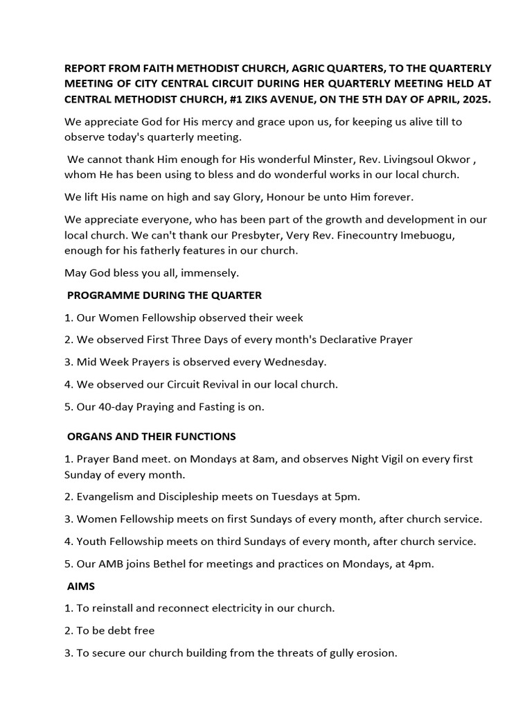 Report From Faith Methodist Church | PDF | Methodism | Christian ...