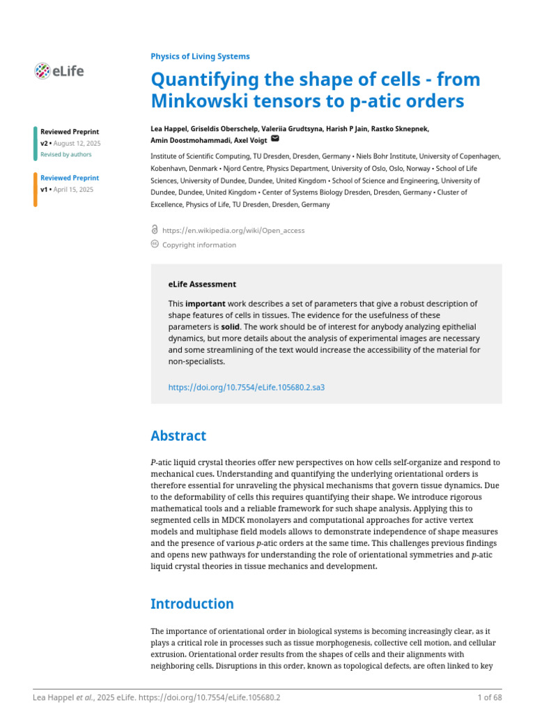 Quantifying The Shape of Cells - From Minkowski Tensors To P-Atic ...