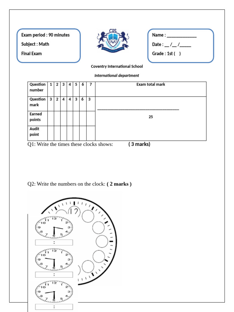Grade 1 Math Final Exam | PDF
