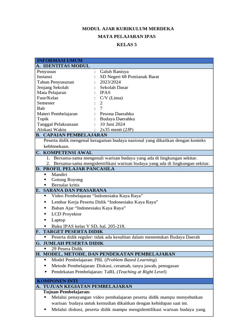 Modul Ajar Kurikulum Merdeka Tarl | PDF