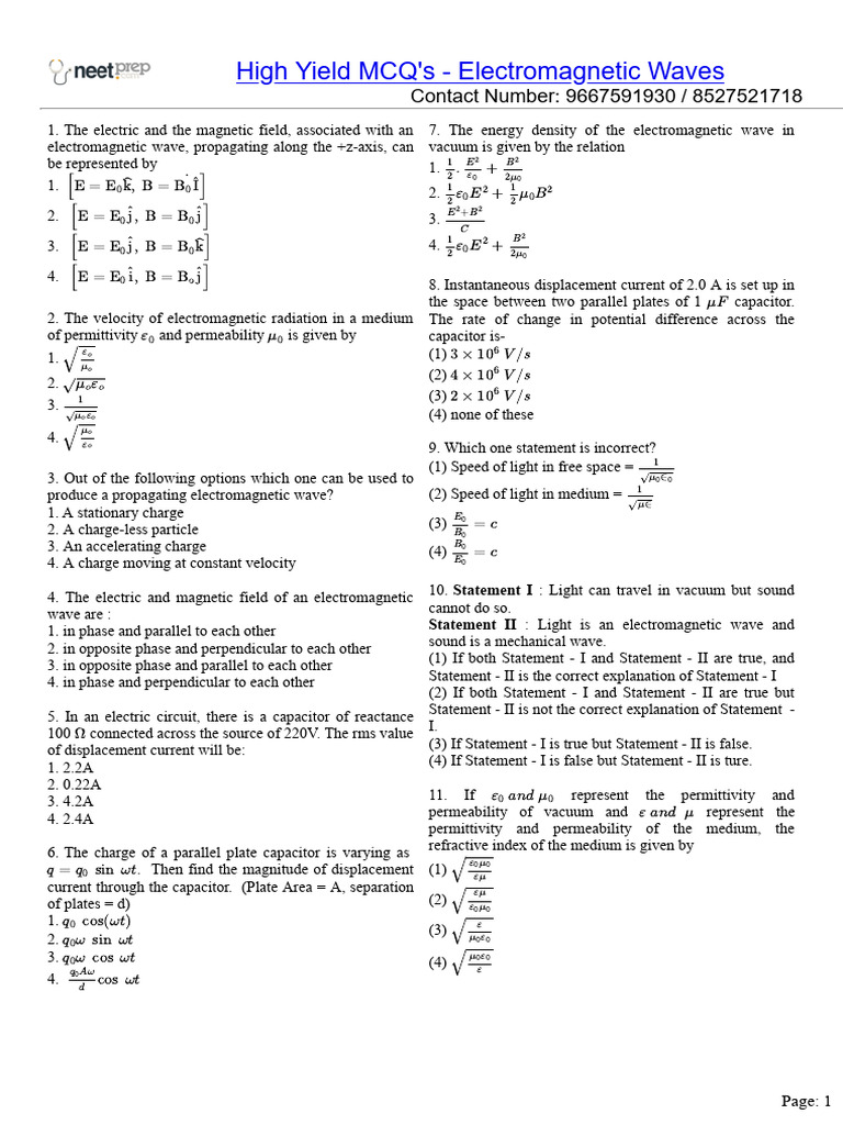 Electromagnetic Waves High Yield MCQs For NEET 2022 Revision | PDF ...