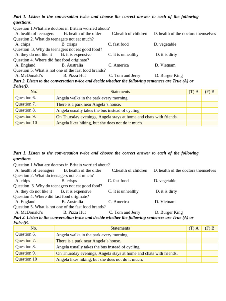Teen Health and Fast Food Quiz | PDF | Fast Food | Convenience Food