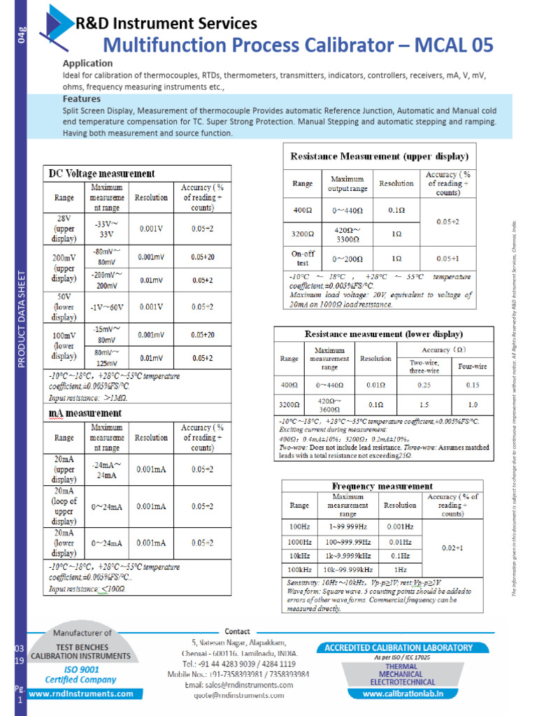 Multifunction Process Calibrator Data Sheet | PDF