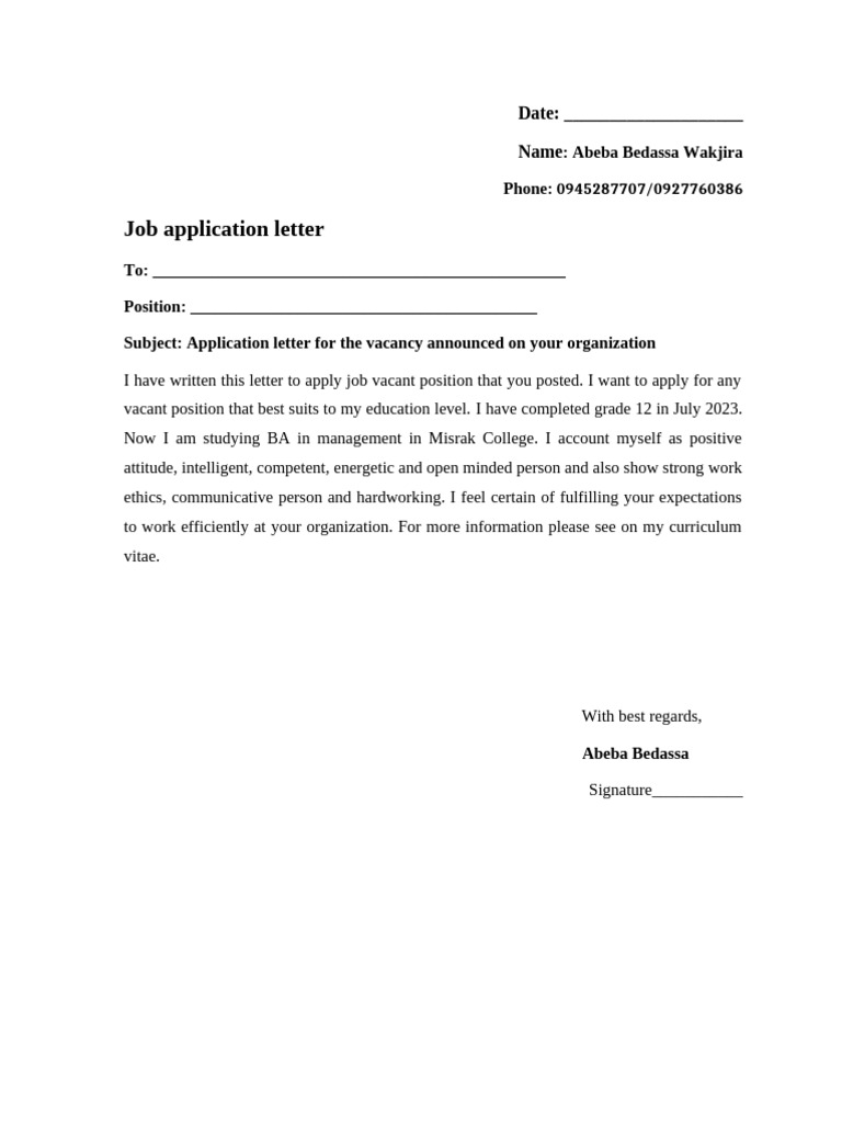 Job Application Letter by Abeba Wakjira | PDF