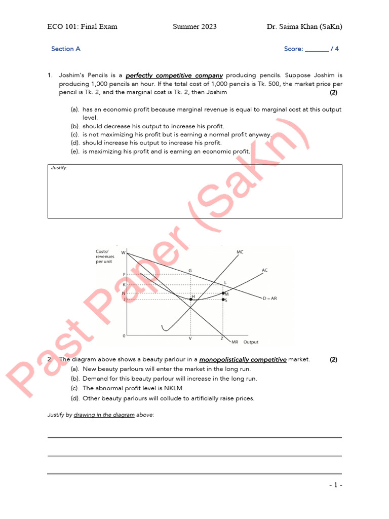 ECO101 Final Exam Past Paper | PDF | Profit (Economics) | Perfect Competition