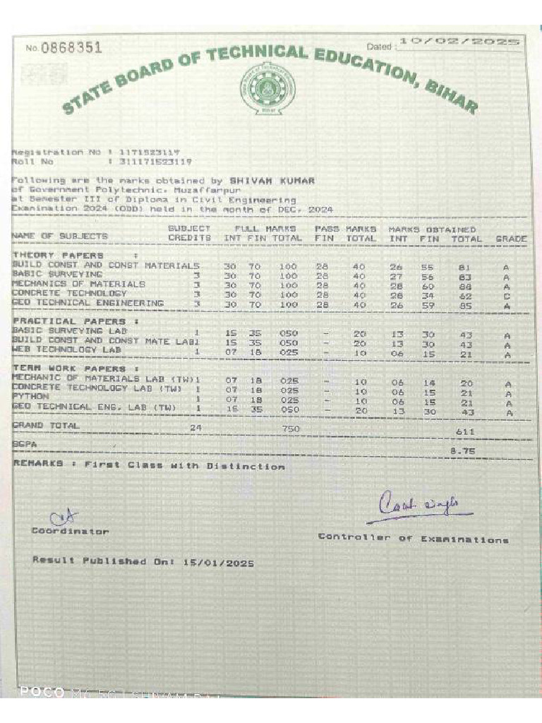 3rd Sem Marksheet - Compress | PDF