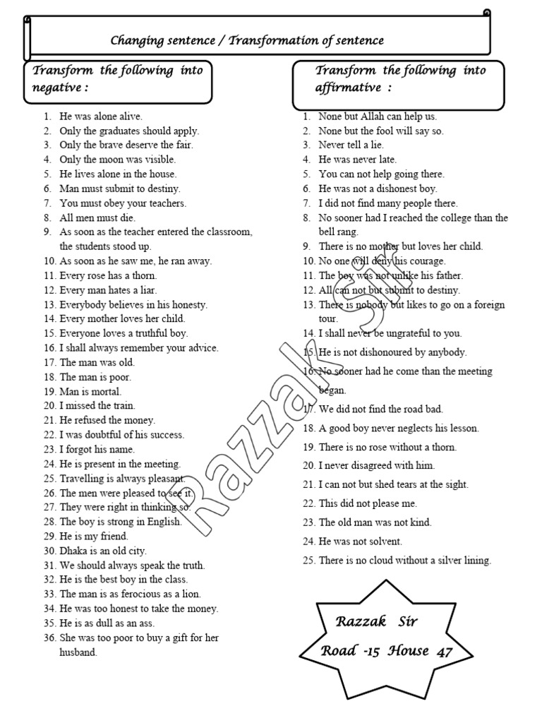 Sentence Transformation Guide | PDF