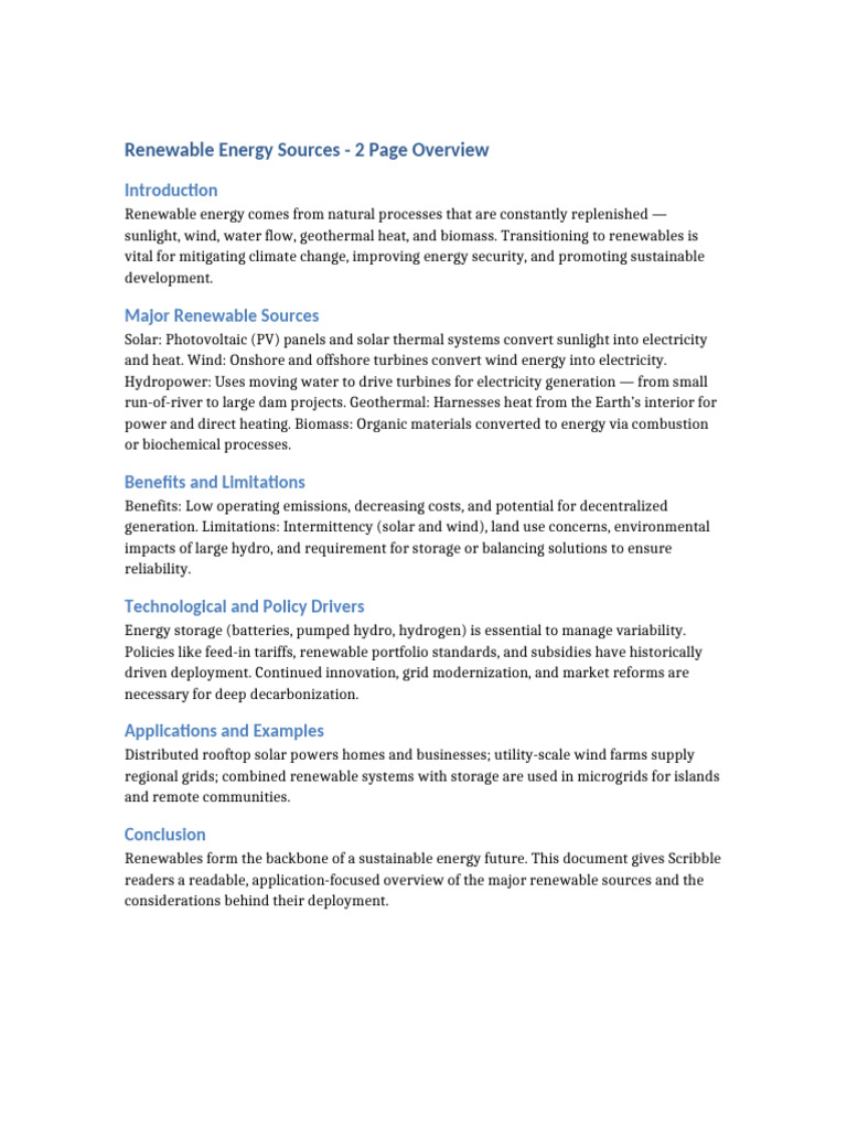 Overview of Major Renewable Energy Sources | PDF