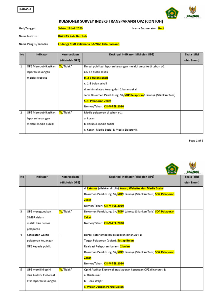 Contoh Pengisian Kuesioner Indeks Transparansi Opz | PDF