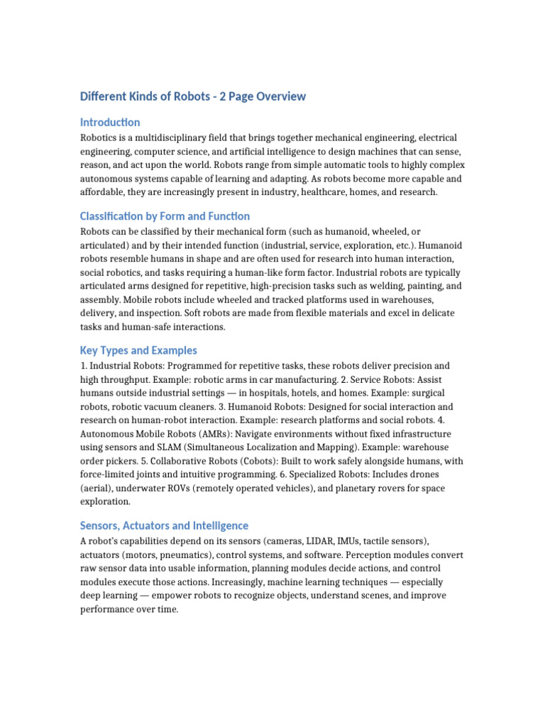 Different Kinds of Robots 2pager | PDF | Robot | Robotics