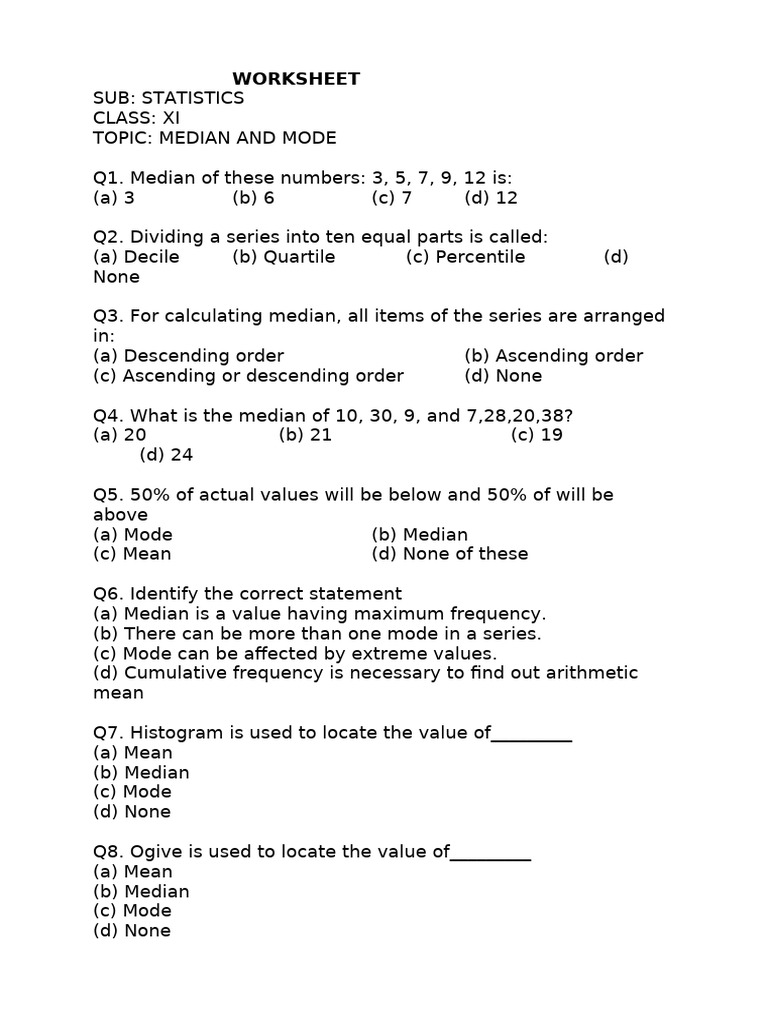 Median and Mode Worksheet for XI | PDF | Median | Mean