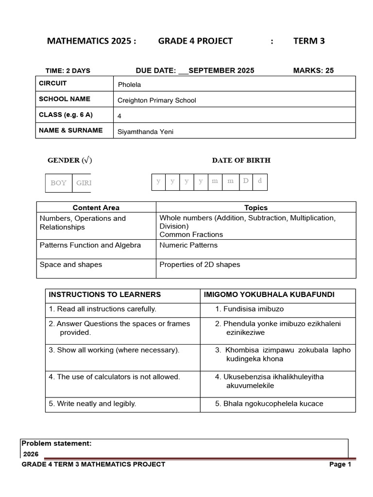 Grade 4 Term 3 Math Project 2026 | PDF | Mathematics | Elementary ...