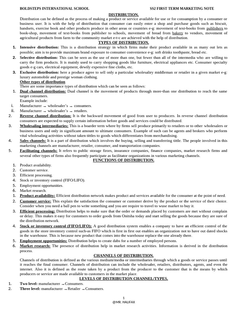 SS2 First Term Marketing Distribution Notes | PDF | Transport | Train