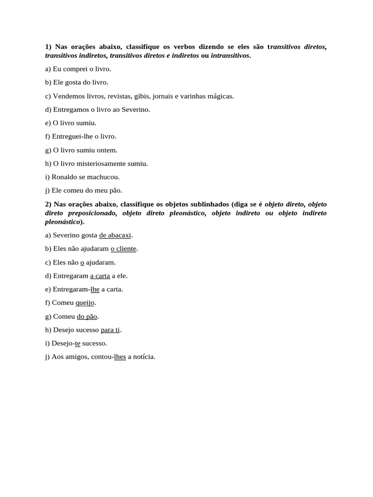 Exercícios Sobre Complemento Verbal | PDF | Objeto (gramática) | Famílias linguísticas