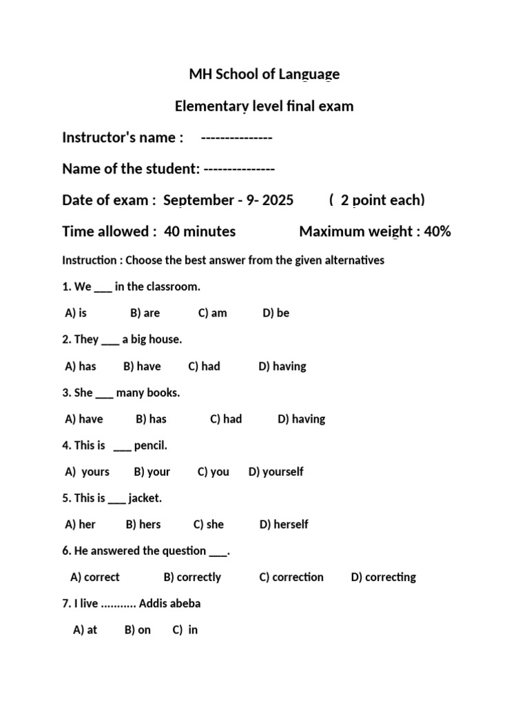 Elementary Level Final Exam 2025 | PDF