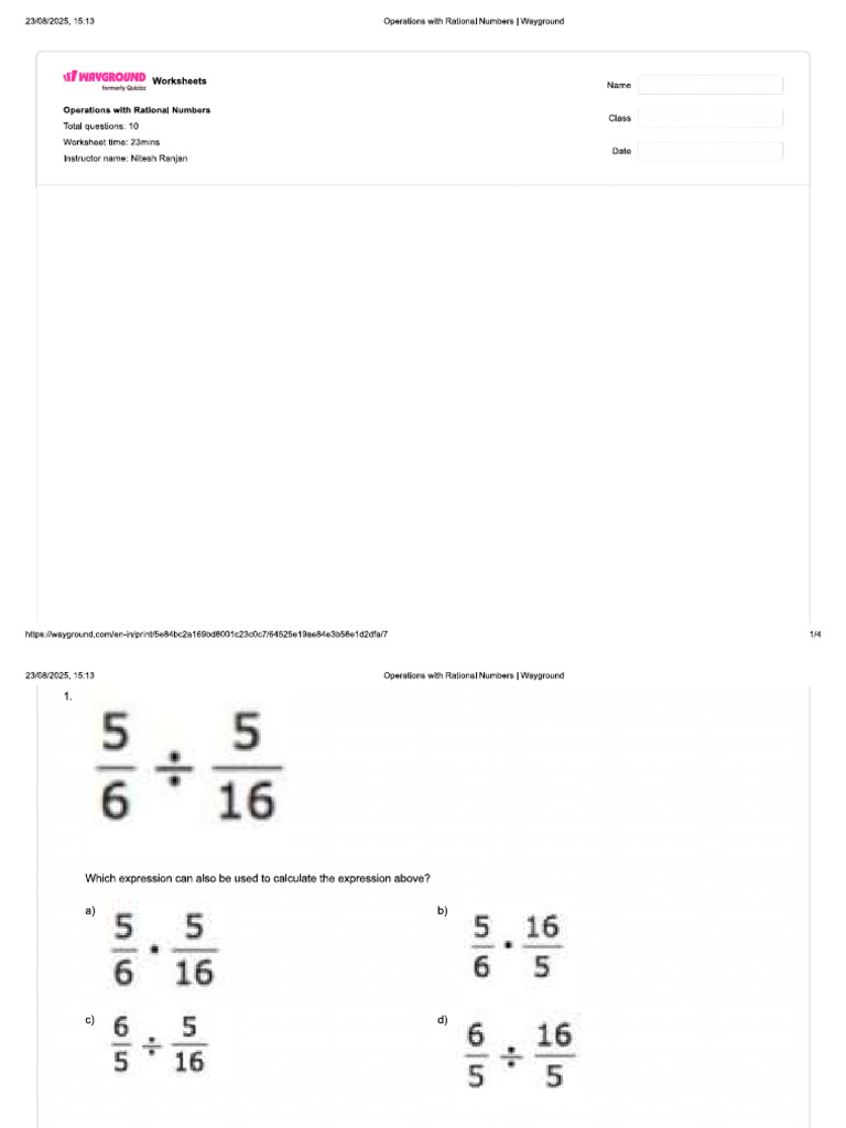 Operations With Rational Numbers Quiz 2 | PDF