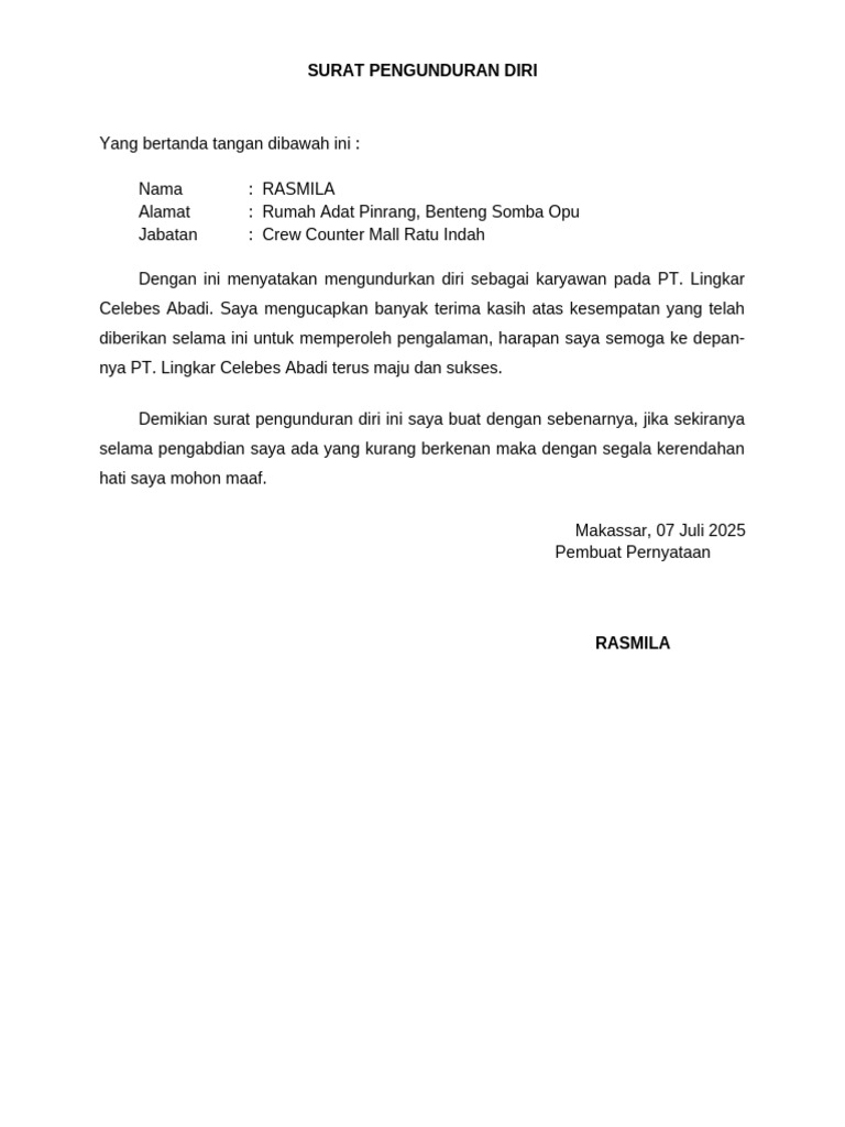 Surat Pengunduran Diri Rasmila 2025 | PDF