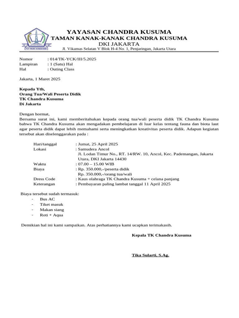 Proposal Anggaran Outing Class Tmii | PDF