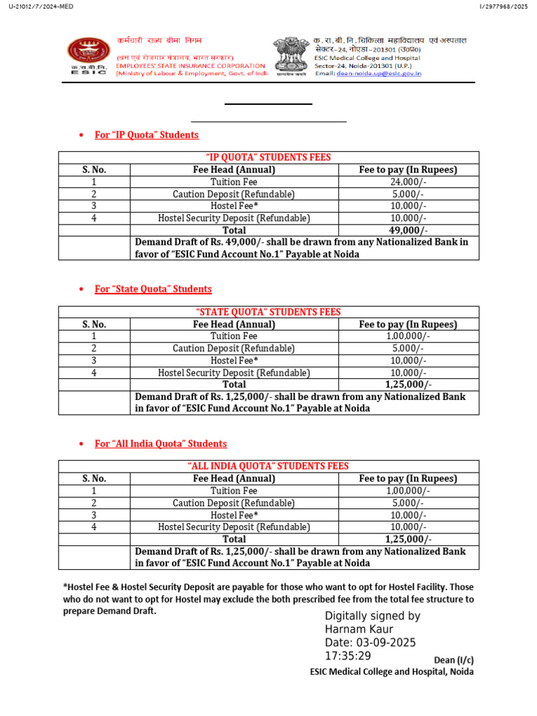 Fee Structure of ESIC Medical College and Hospital Noida | PDF | Payments