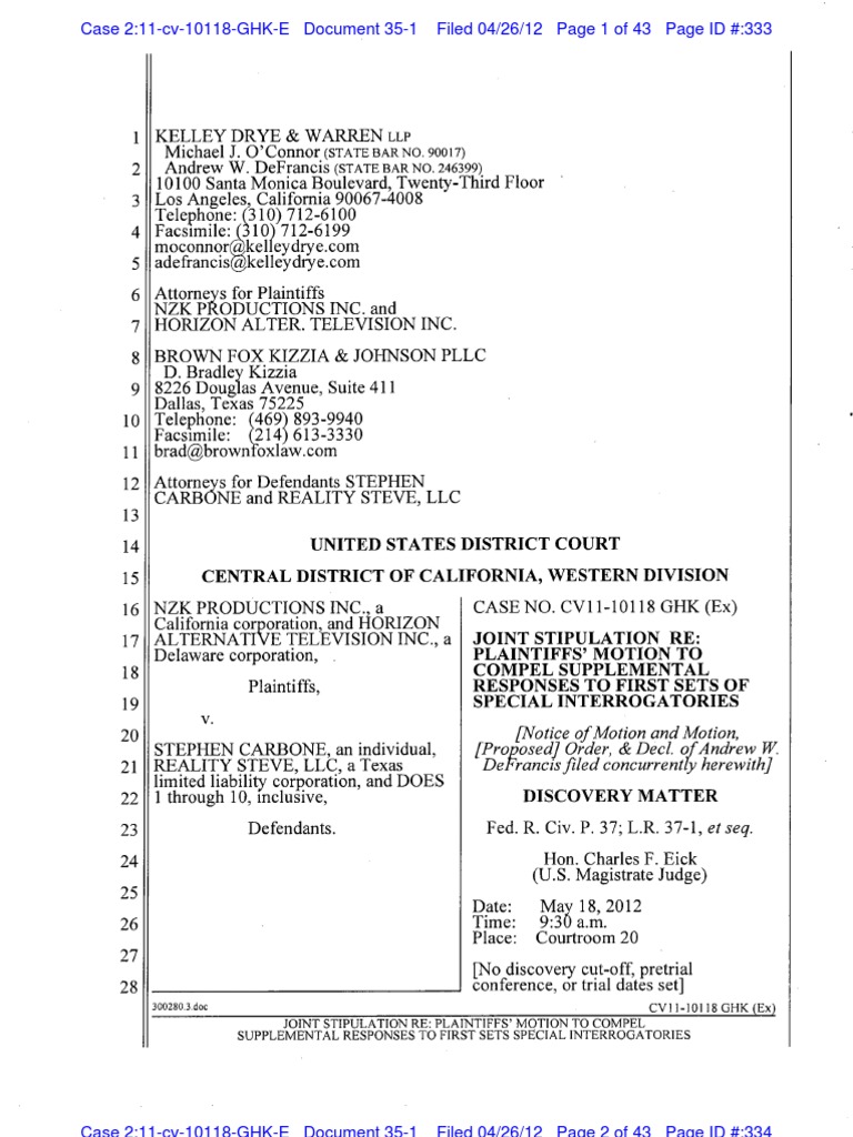 Joint Stipulation: Compel Supplemental Responses To 1st Interrogatories ...