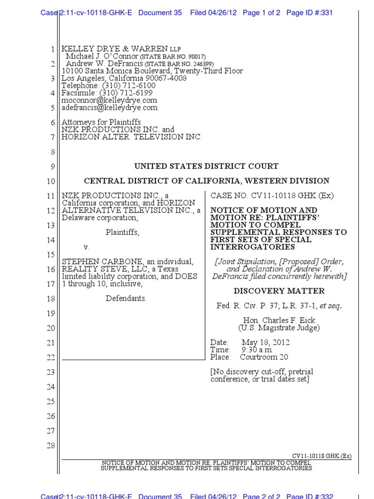 Notice of Plaintiffs Motion To Compel Supplemental Responses To 1st Set ...