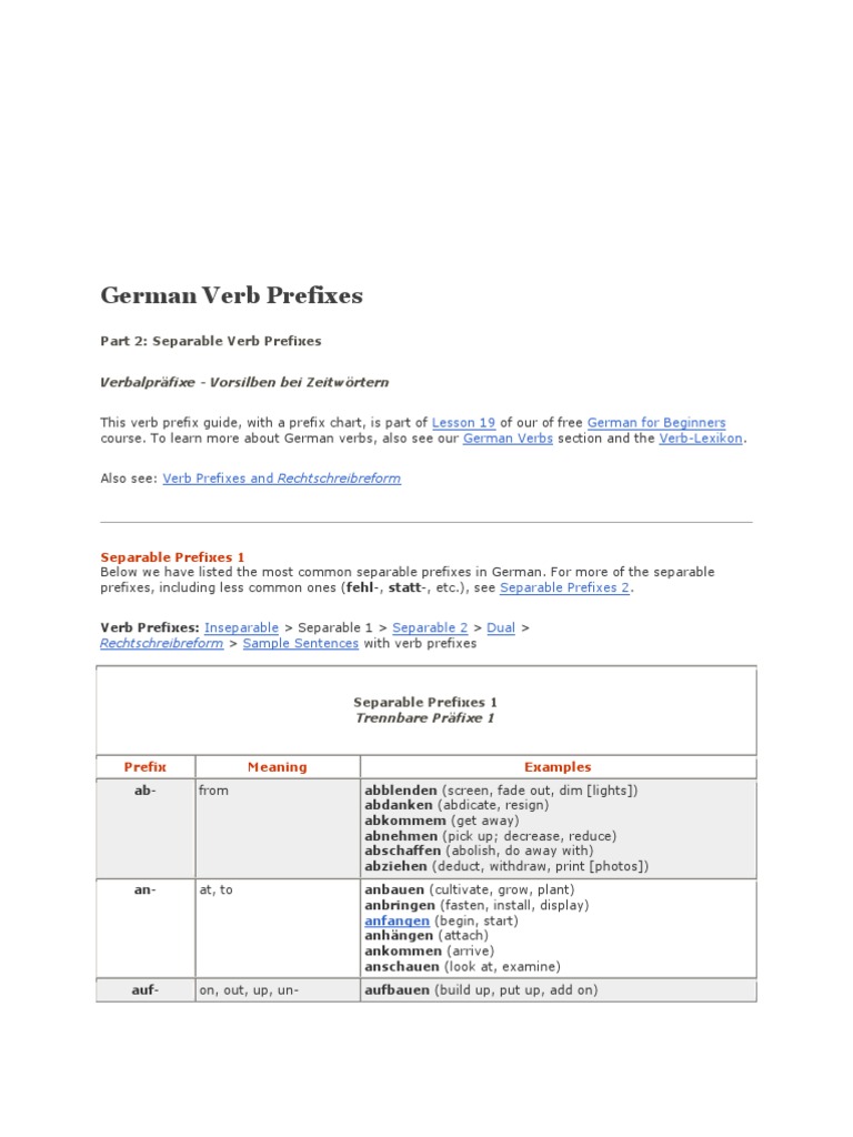 German Verb Prefixes Seperable N Inseperable | PDF | German Language | Verb