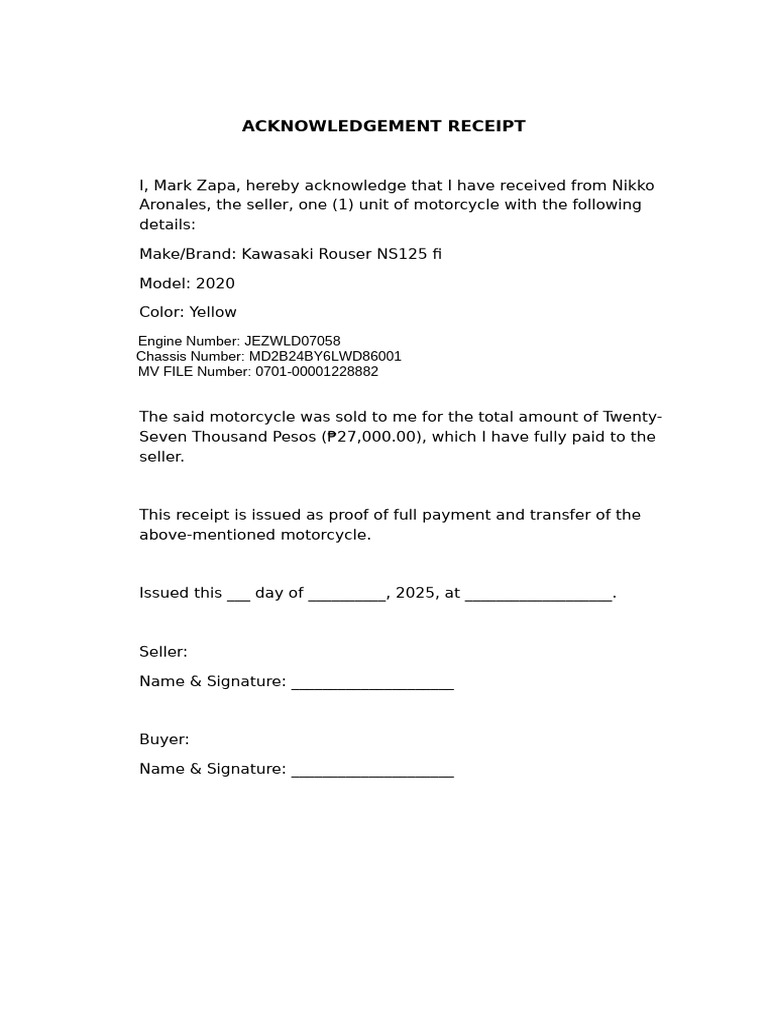 Motorcycle Purchase Acknowledgment Receipt | PDF