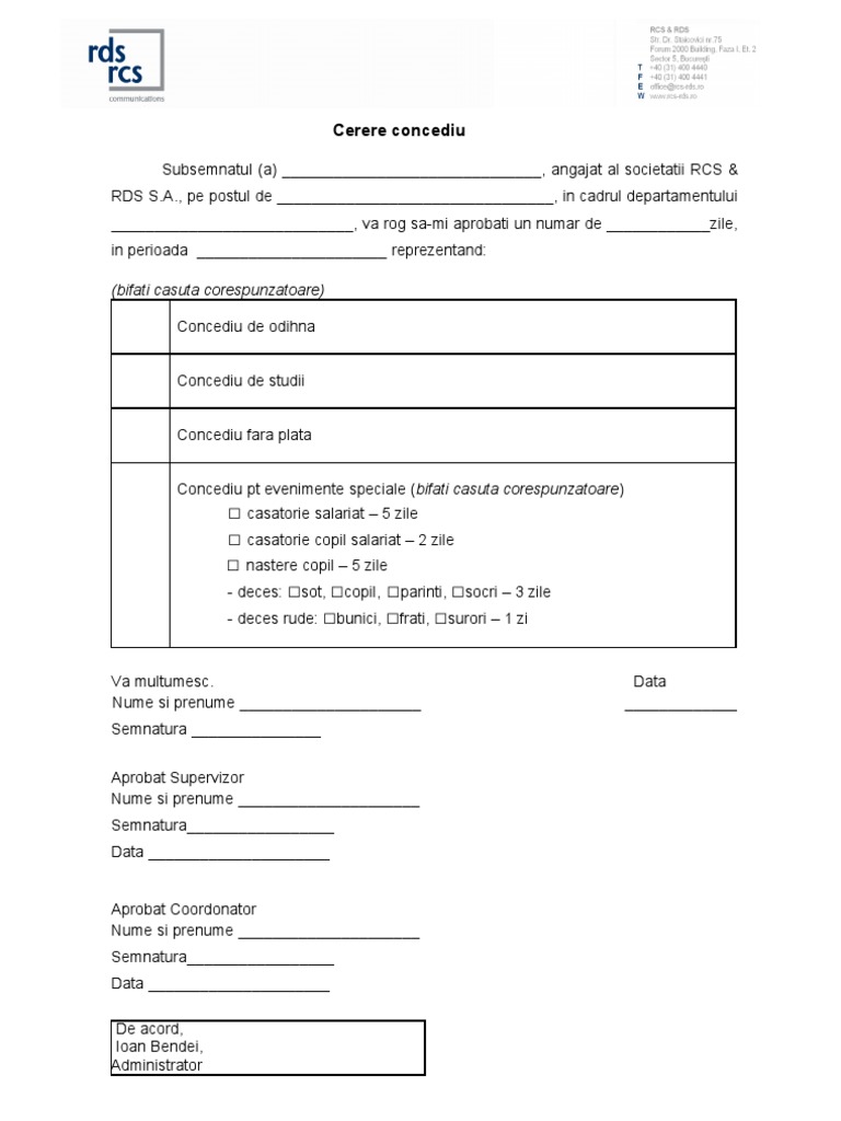 FORM RCS RDS HR 10 Cerere Concediu | PDF