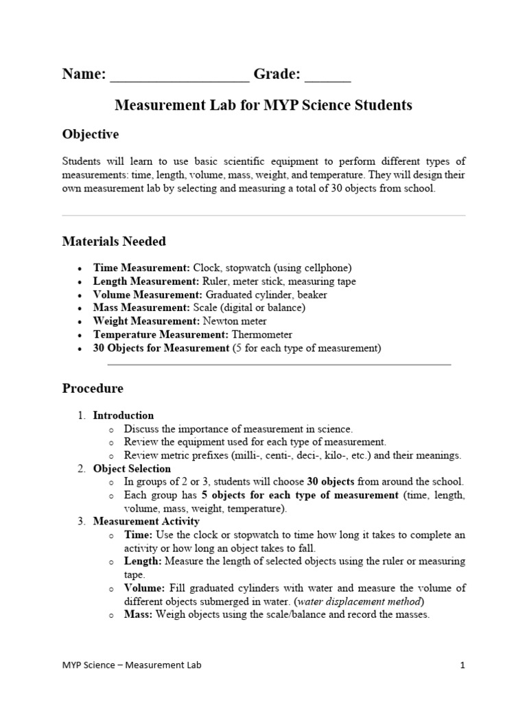 Measurement Science Lab For MYP Students | PDF | Measurement | Volume