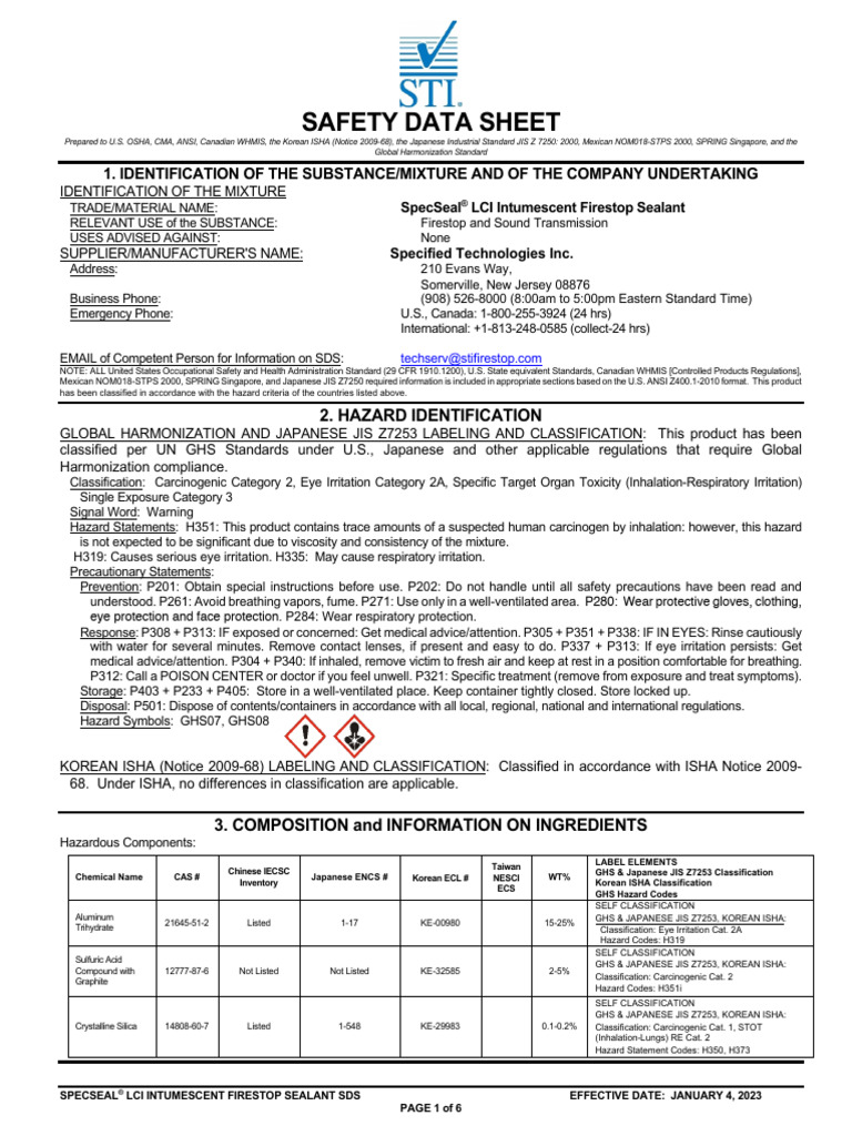 SDS LCI Intumescent Firestop Sealant English | PDF | Dangerous Goods ...