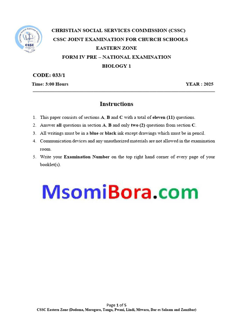 Biology 1 - Exam N Answers - Msomibora - Com-6 | PDF | Muscle | Pancreas