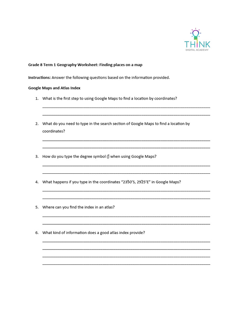 Grade 8 Term 2 Geography Work Sheet-finding Place on Maps | PDF | Map ...