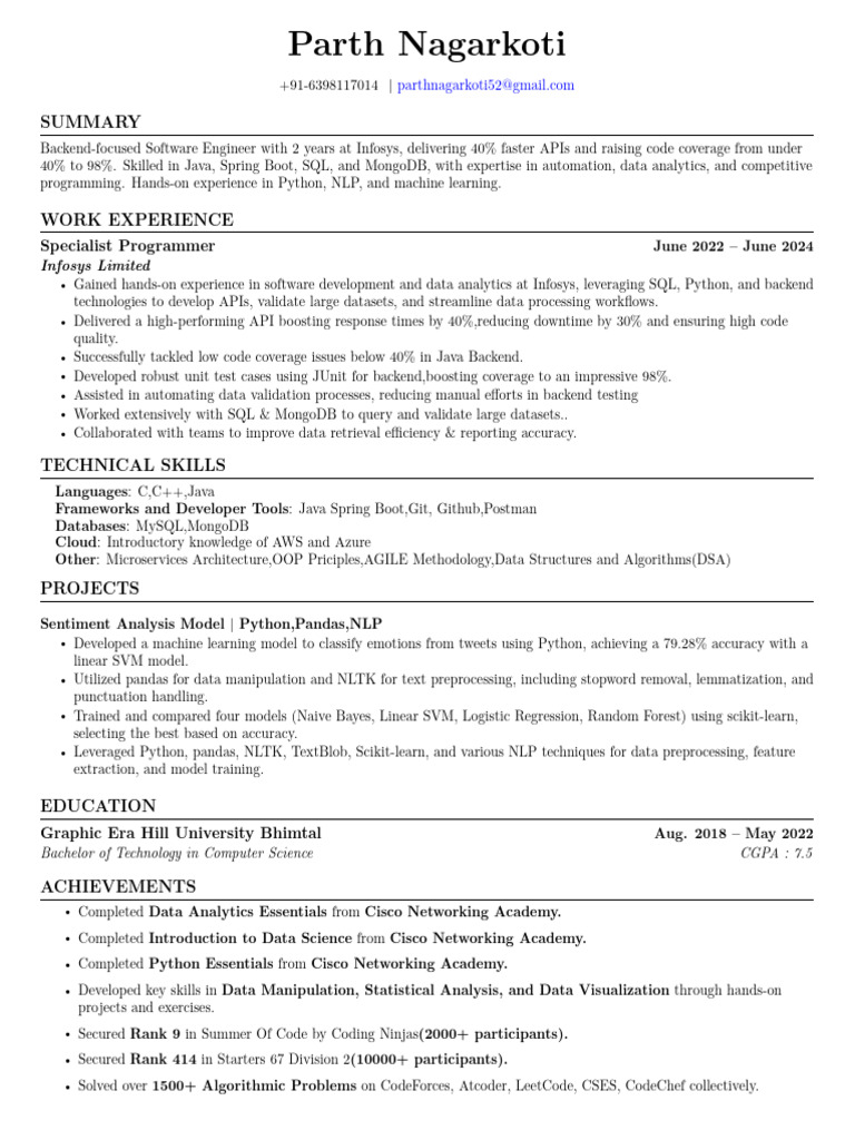 PARTH NAGARKOTI Java Developer 2Y Experience CV | PDF | Machine ...