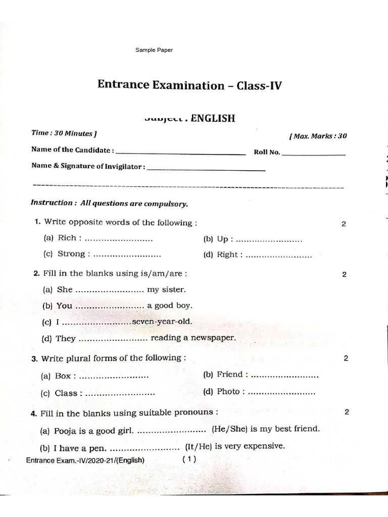 Sample Paper For Class IV | PDF