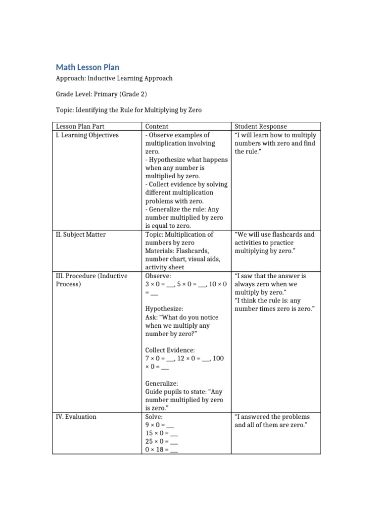 Grade 2 Lesson: Multiplying by Zero | PDF | Lesson Plan | Multiplication