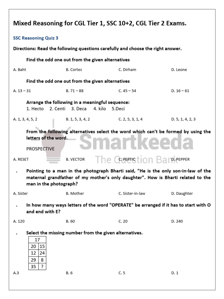 Mixed Reasoning Quiz for SSC & CGL Exams | PDF | Chess Openings | Chess
