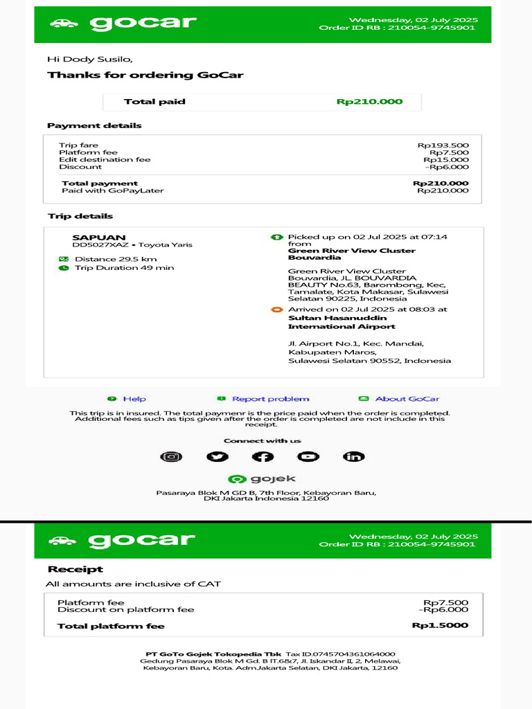 GoCar Receipt: Trip Details & Fees | PDF