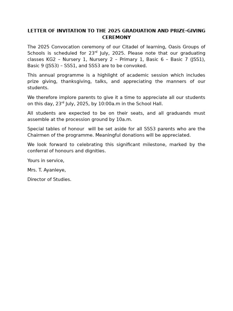 2025 Graduation and Prize-Giving Invitation | PDF