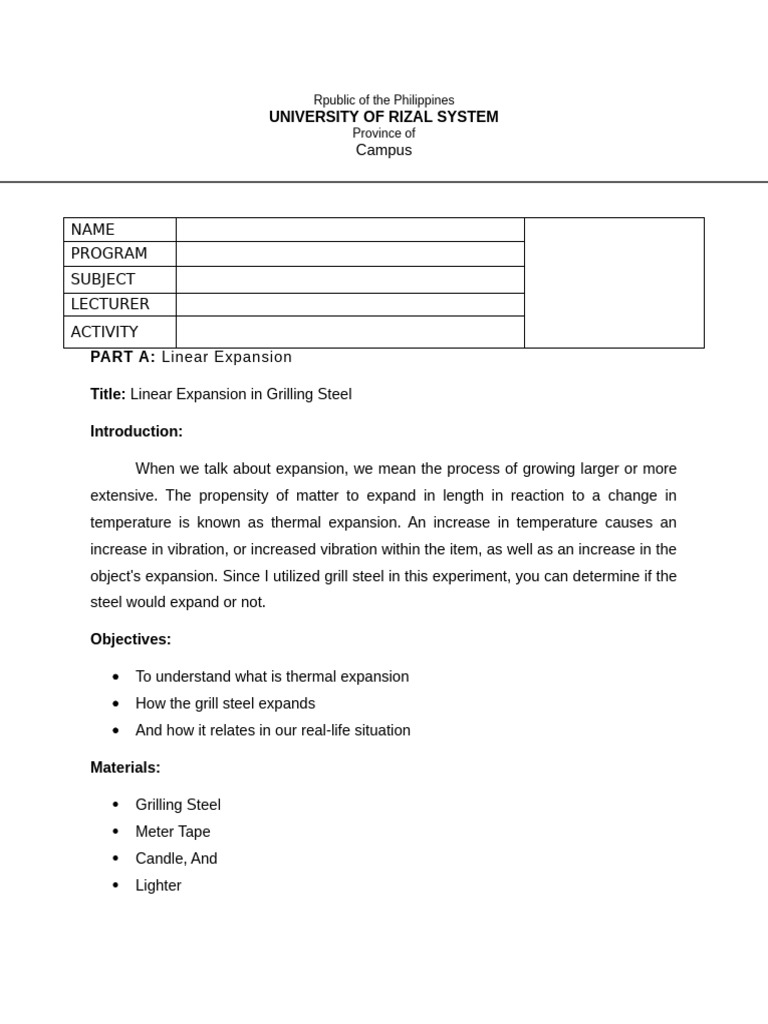 ACTIVITY Linear Expansion & Volume Expansion | PDF | Thermal Expansion ...