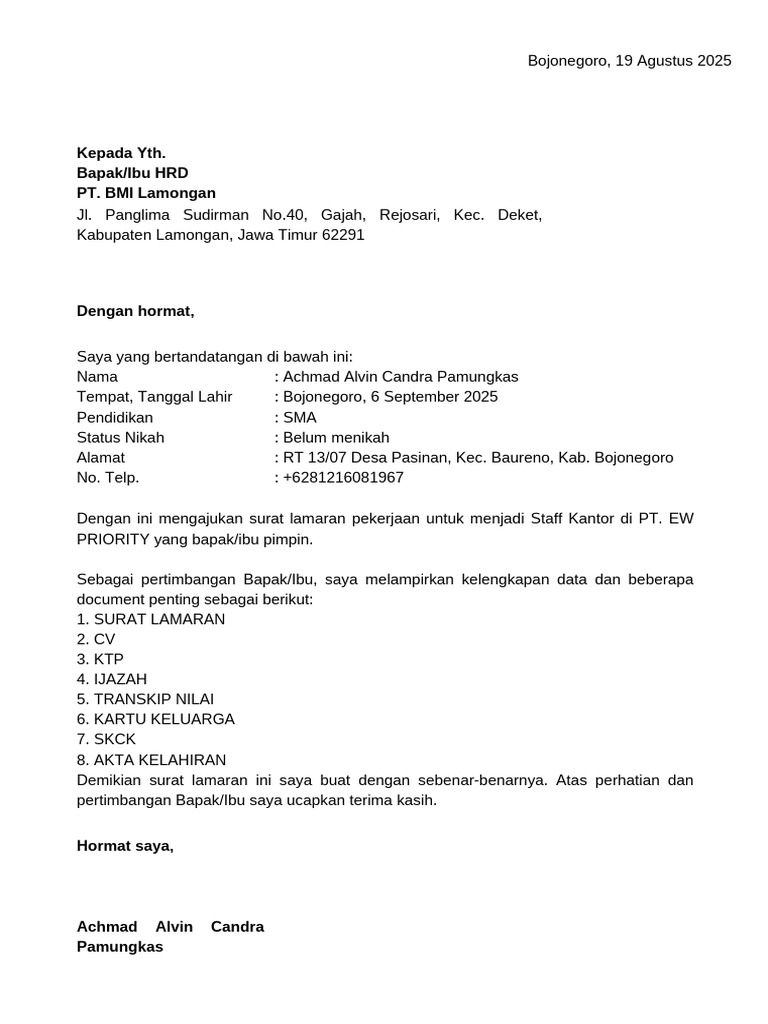 Surat Lamaran Kerja Staff Kantor PT. EW | PDF