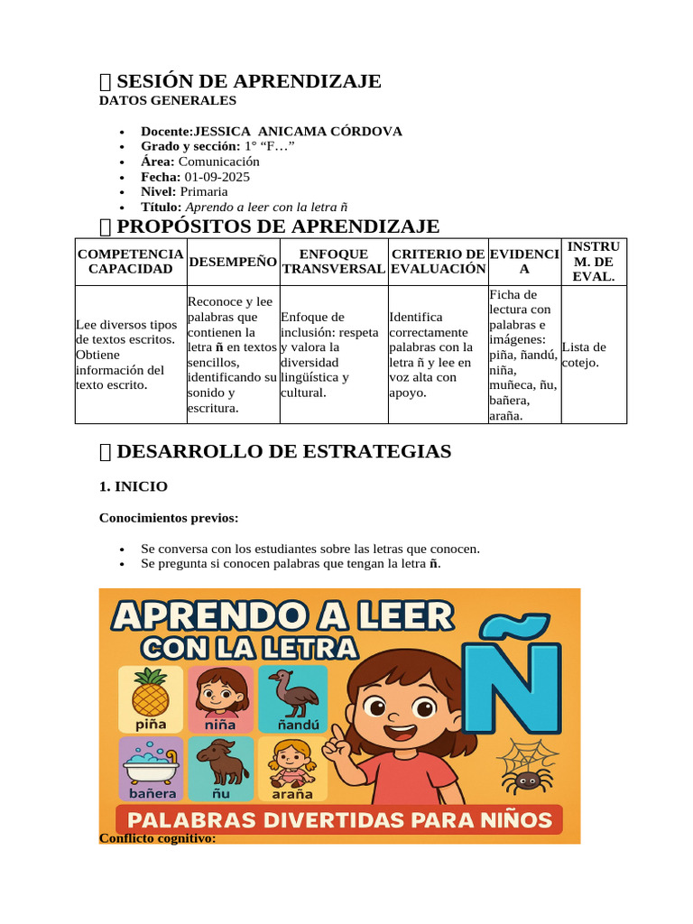 Sesión Aprendo A Leer Con La Letra Ñ 1er Grado | PDF | Aprendizaje ...