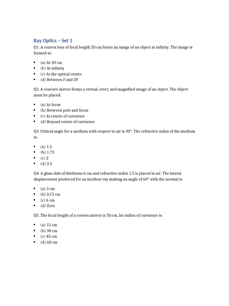 Ray Optics Questions and Answers Set 1 | PDF