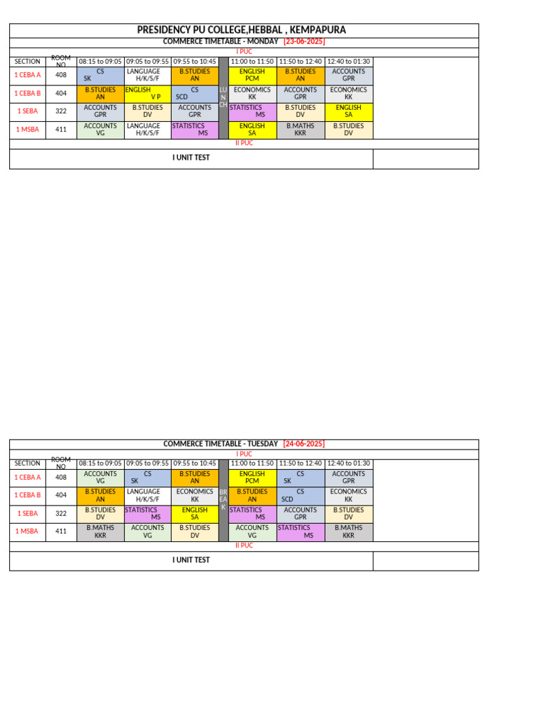 Commerce Timetable From 23-06-2025 To 28-06-2025 | PDF