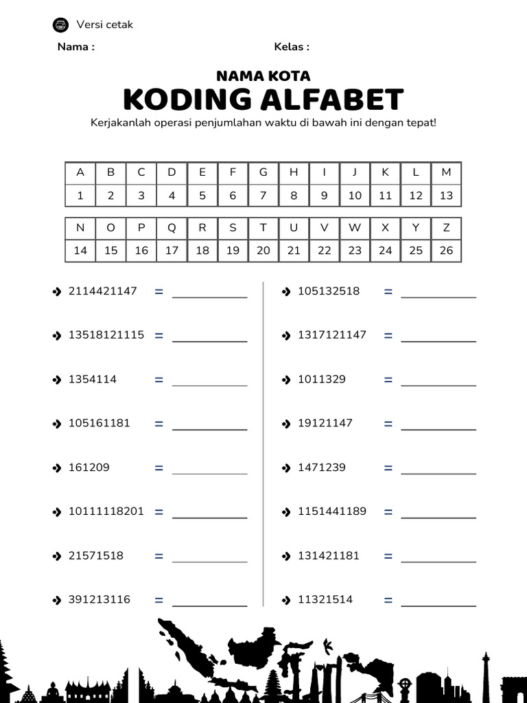 Koding Angka Alfabet Tema Nama Kota Lembar Kerja Biru Ilustratif | PDF